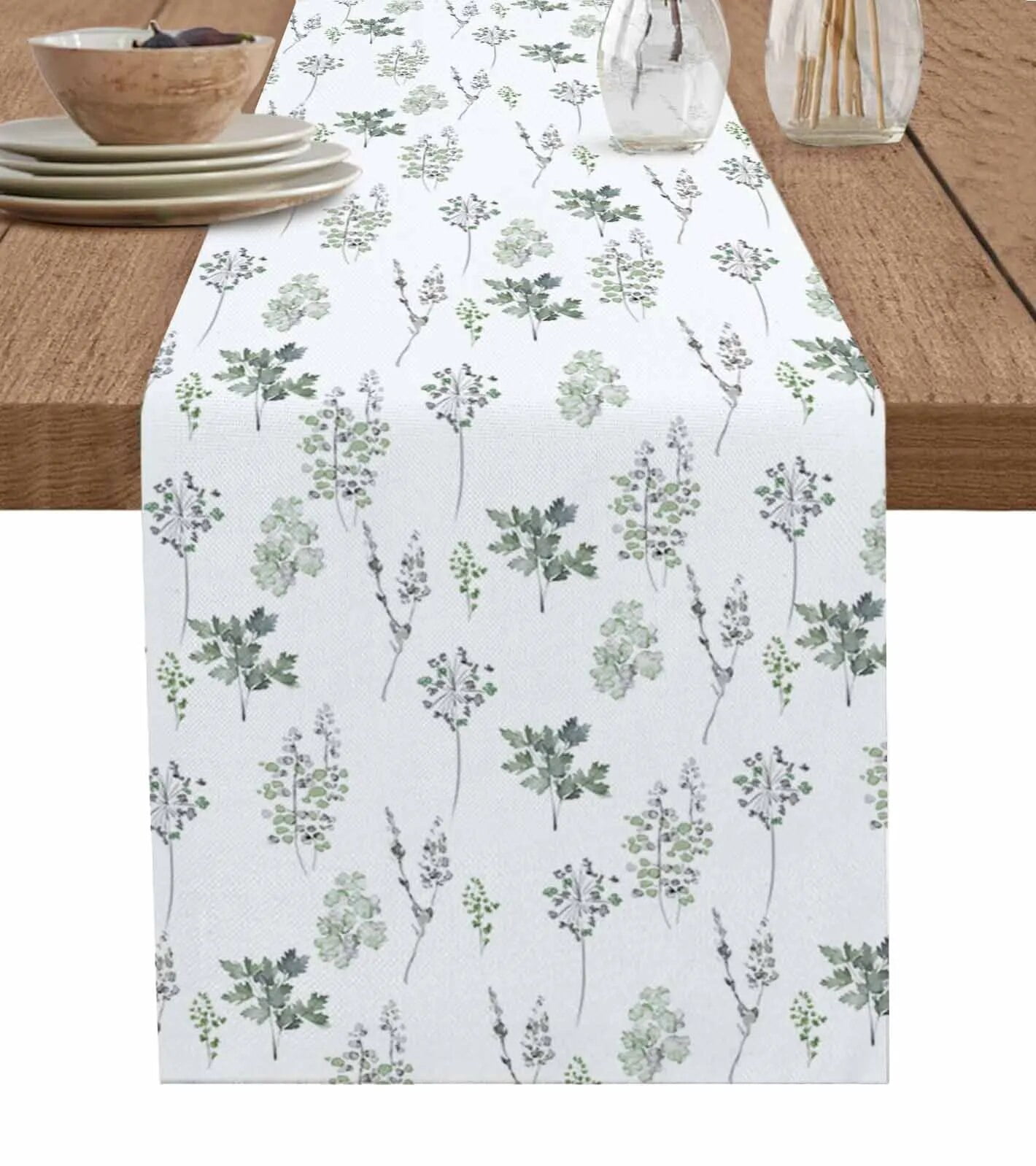 Hand-Painted Watercolor Leaves Plant Green Table Runner For Home ...