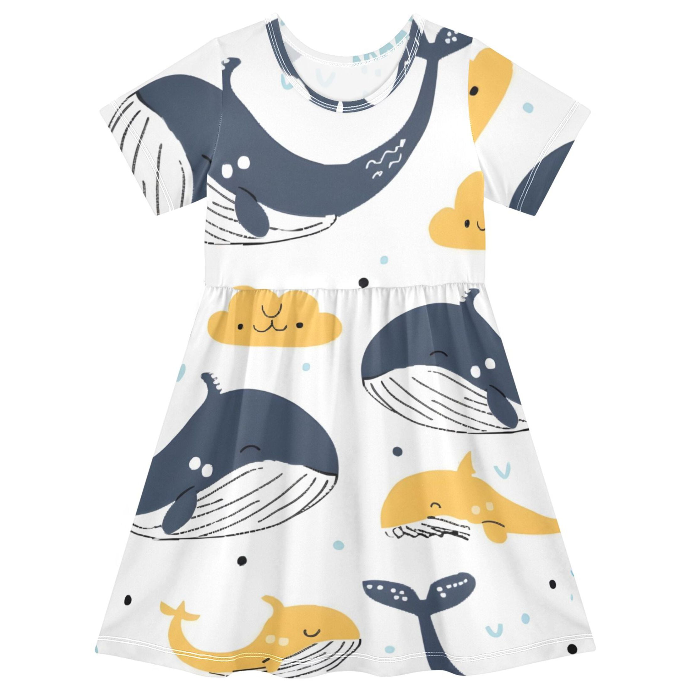 Hand Painted Whales Clouds Waves Girls' Short Sleeve Dress A-Line One-Piece Dress UPF 50+ Quick ...