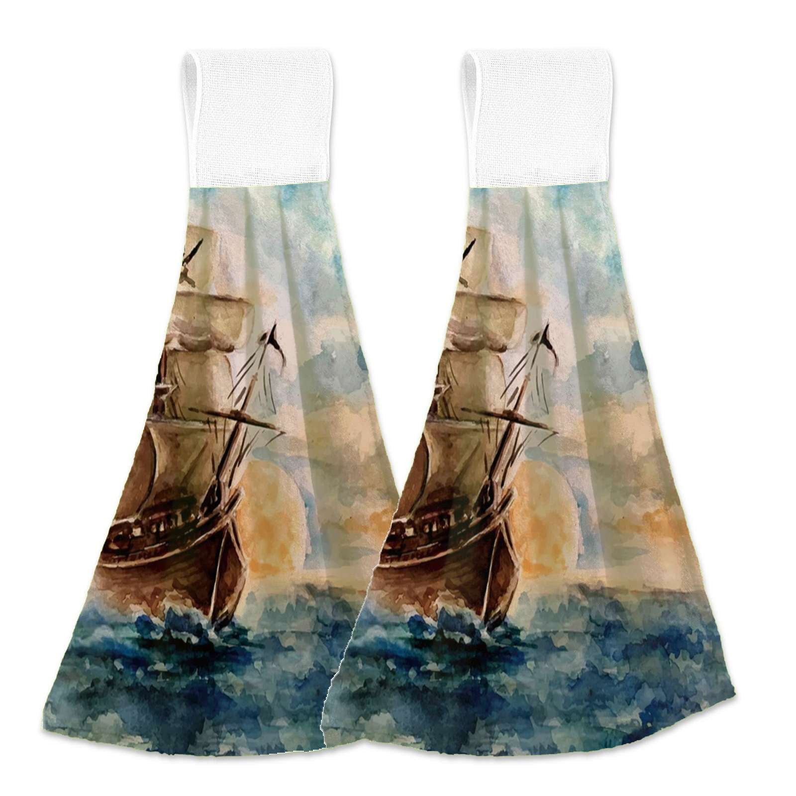 Hand Painting The Pirate Ship Hanging Kitchen Hand Towels Sets with ...