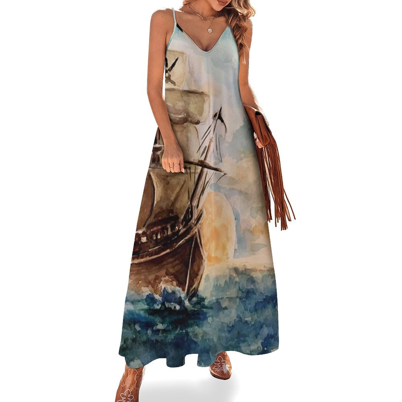 Hand Painting The Pirate Ship Sleeveless Dress loose women's dress ...