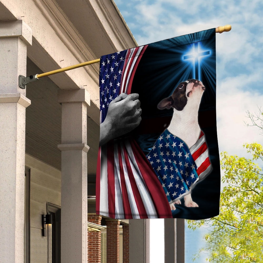 Hand Pulling USA Flag Boston Terrier Dog Wearing Flag American Standing ...