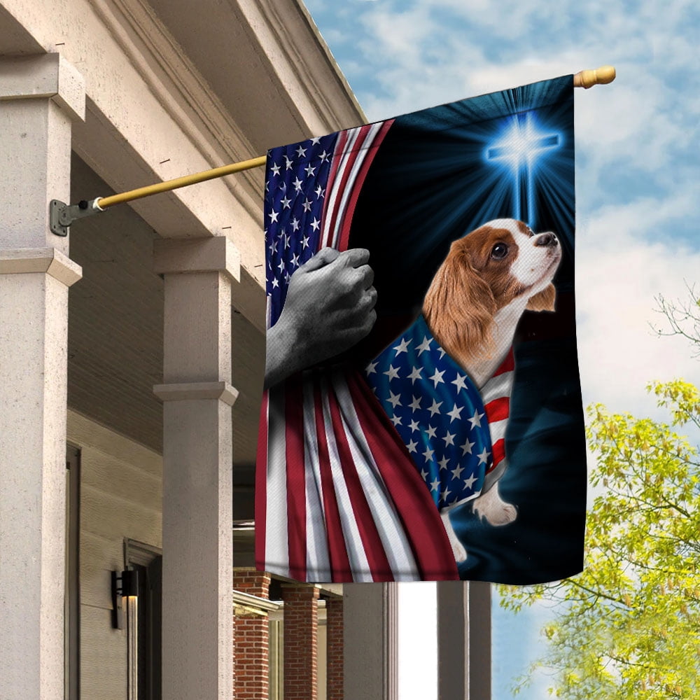 Hand Pulling USA Flag Cavalier King Charles Spaniel Dog Wearing Flag ...
