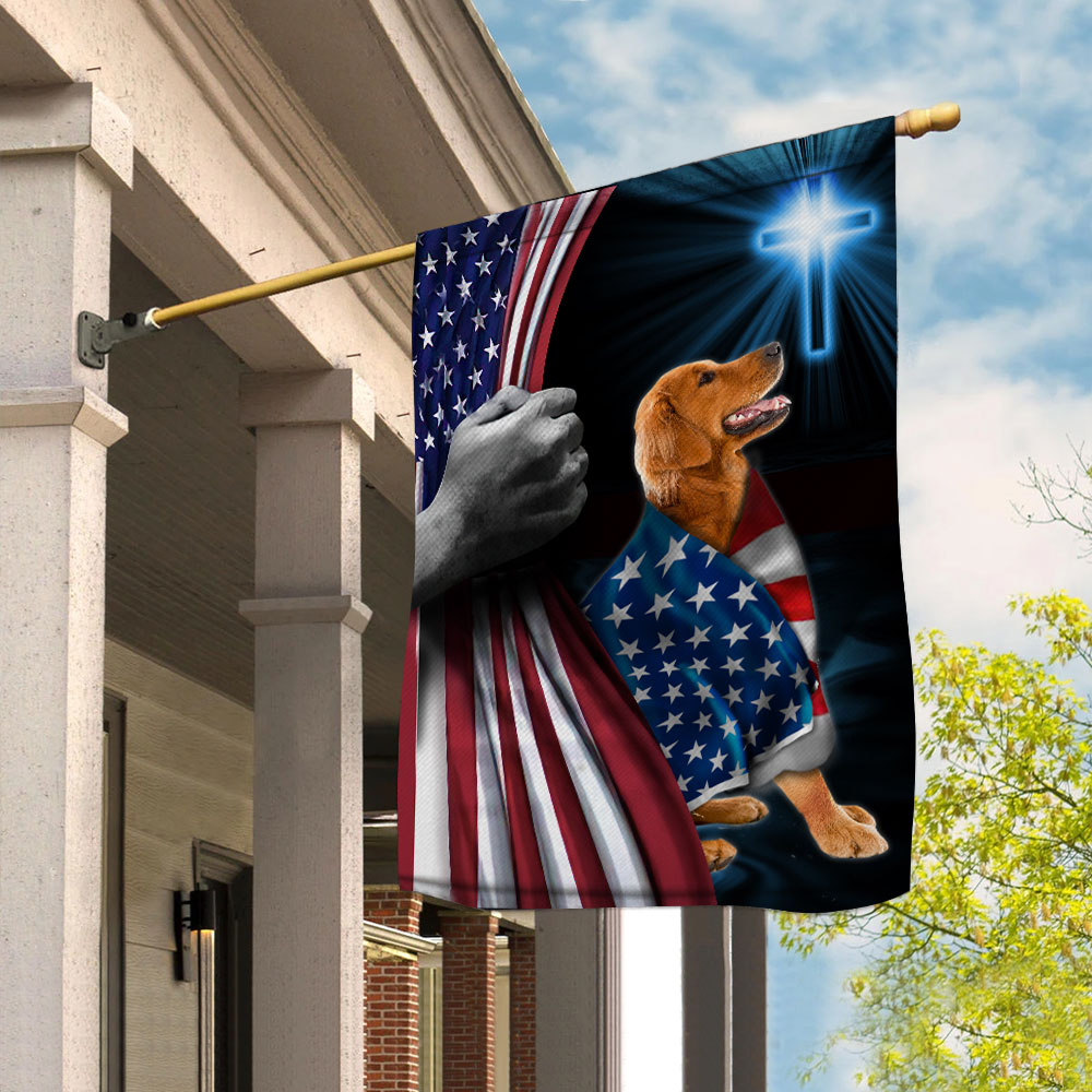Hand Pulling USA Flag Golden Dog Wearing Flag American Standing under ...