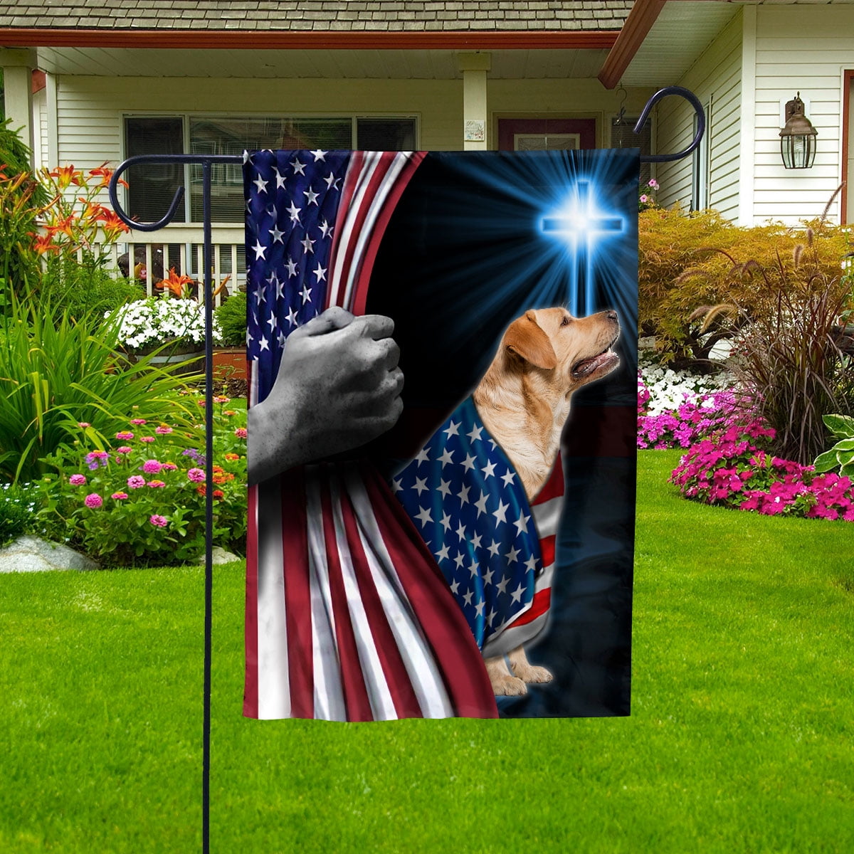Hand Pulling USA Flag Labrado Dog Wearing Flag American Standing under ...
