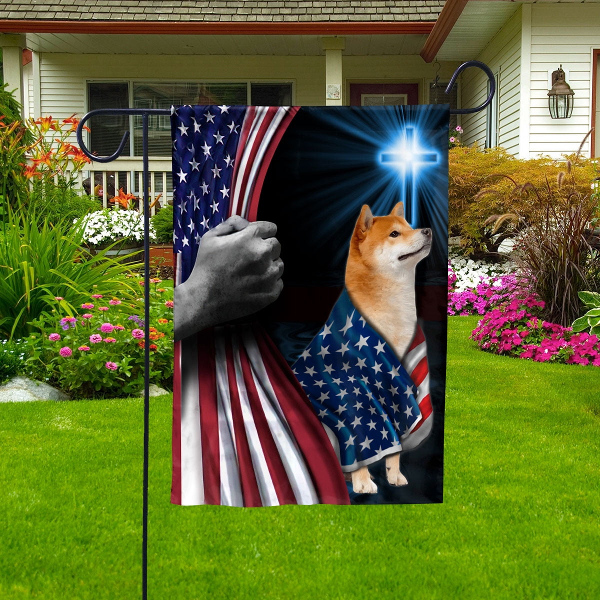 Hand Pulling USA Flag Shiba Dog Wearing Flag American Standing under ...