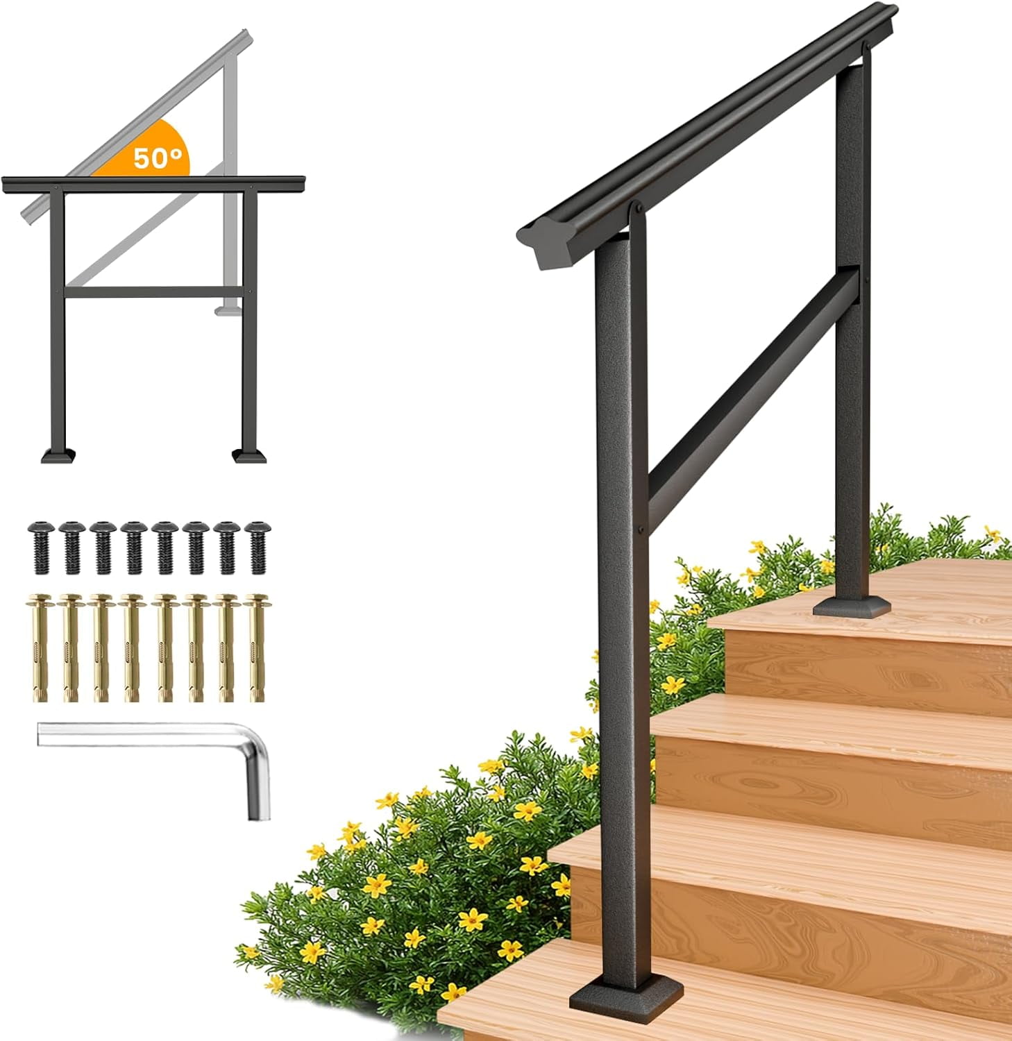 Hand Rails for Outdoor Steps,4 Step Handrail，45" x 34" Fits 0 to 4 ...