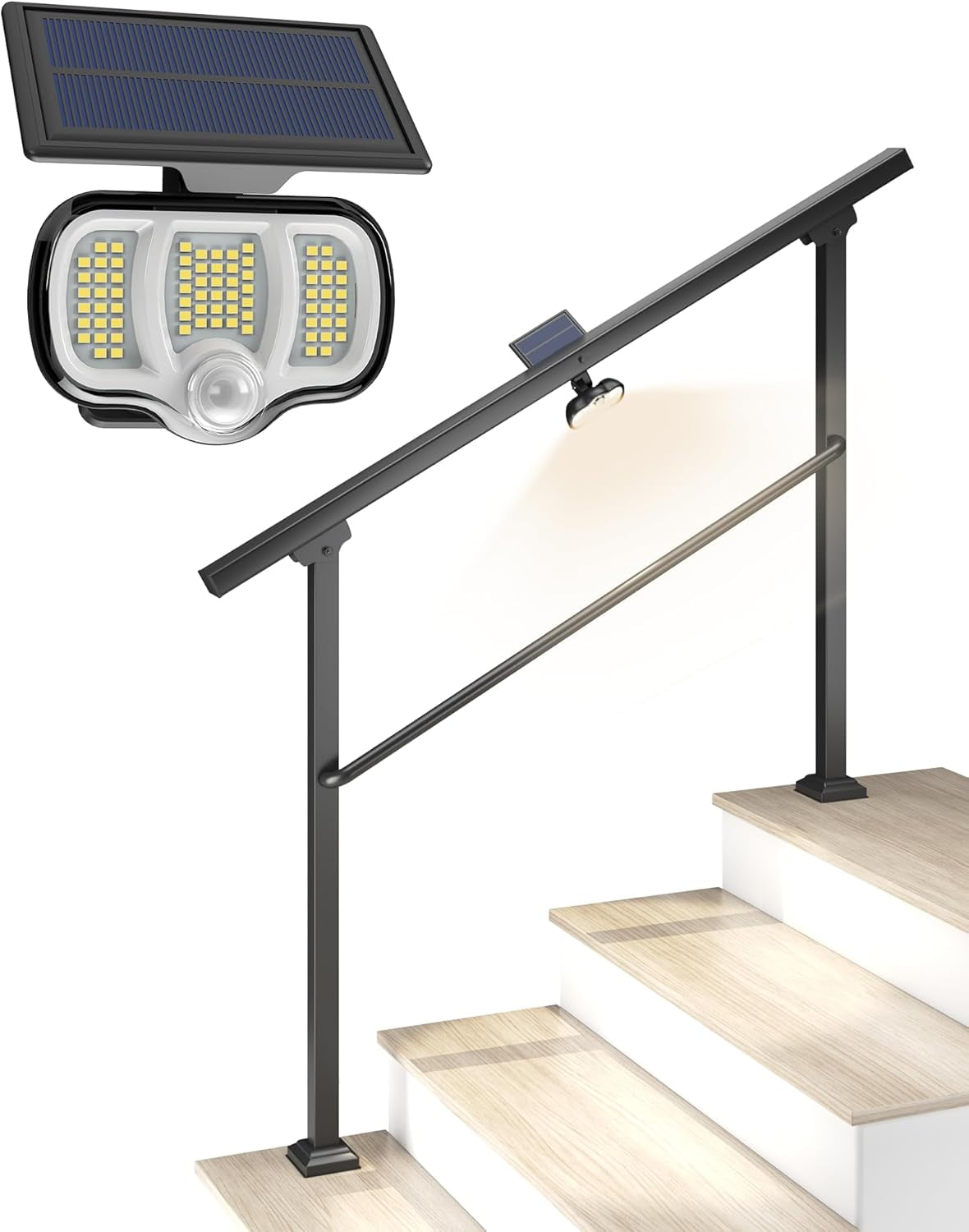 Hand Rails for Outdoor Steps, 4 Step Handrail with Solar Deck Lights ...