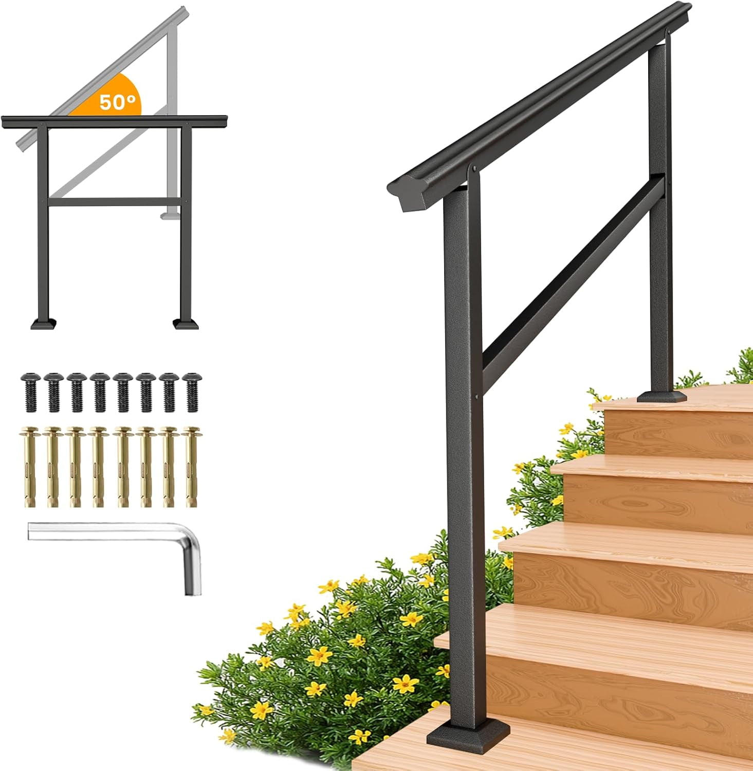 SPACEEUP Hand Rails for Outdoor Steps,5 Step Handrail，60" x 34" Fits 0 ...