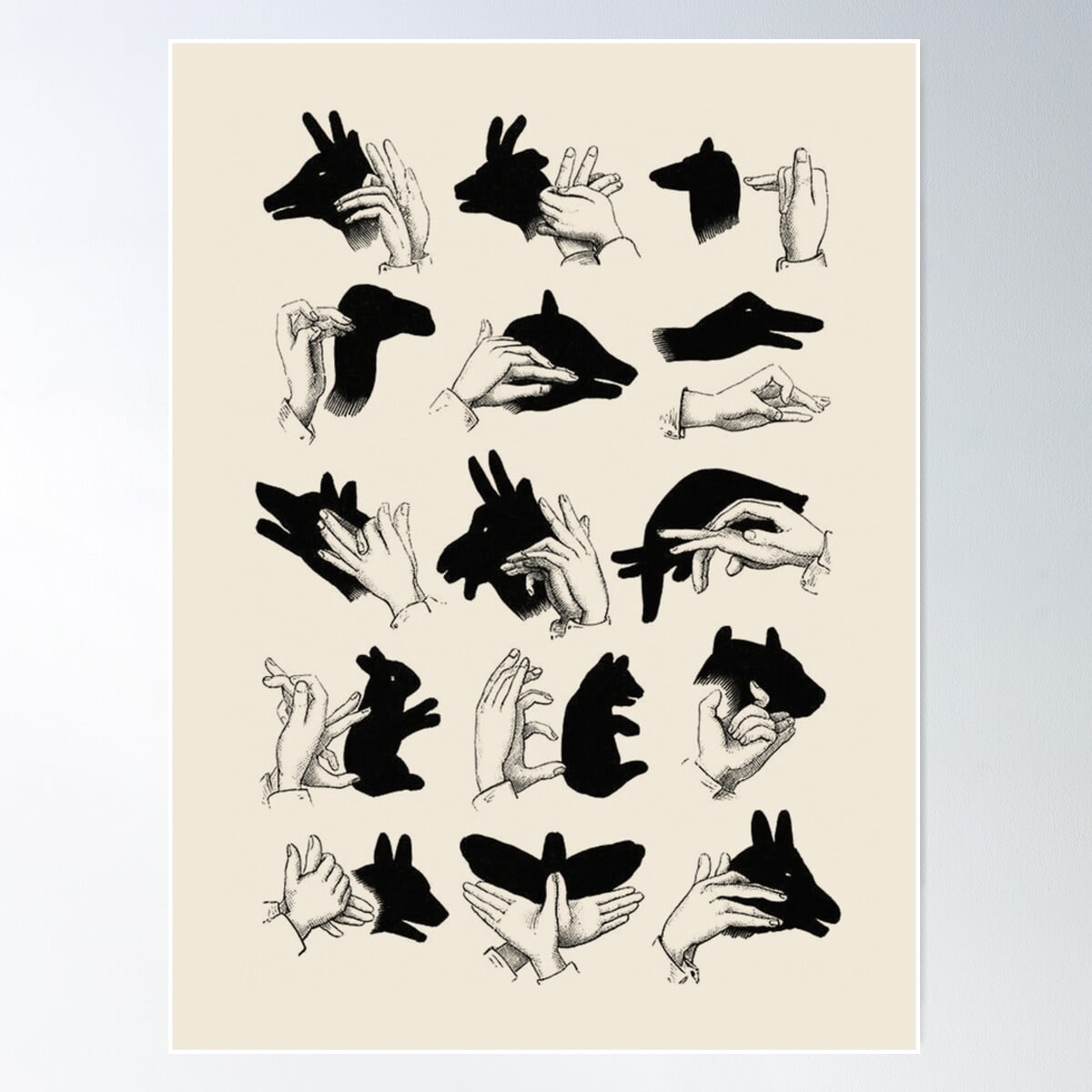 Hand Shadow Puppetry Antique Illustration Poster Wall Art, Modern Wall ...