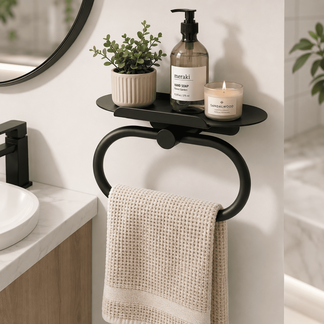 Hand Towel Ring with Shelf, Matte Black Stainless Steel Hand Towel ...