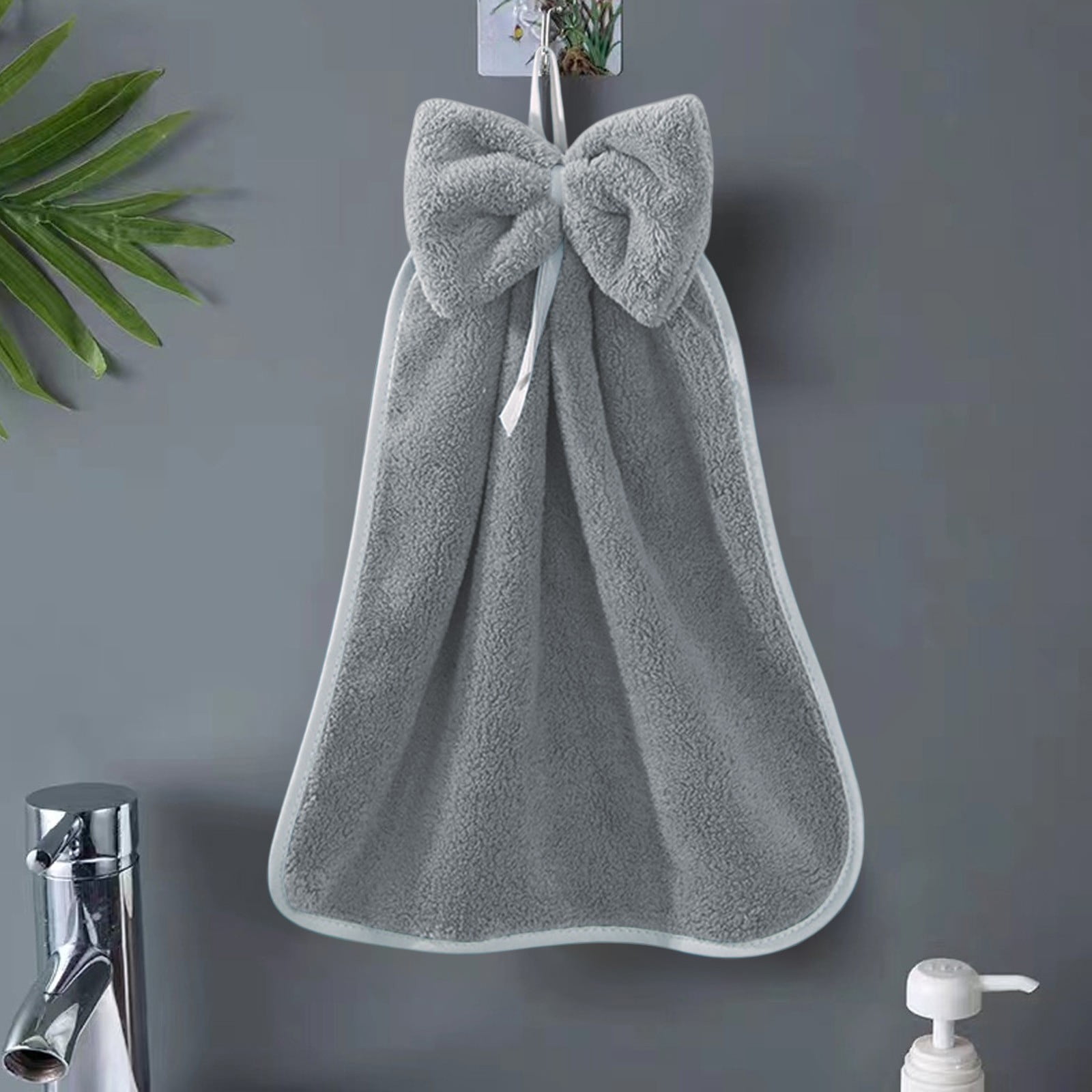 Hand Towel with Bow Decoration Hangable Absorbent Towel Gray Color Soft ...