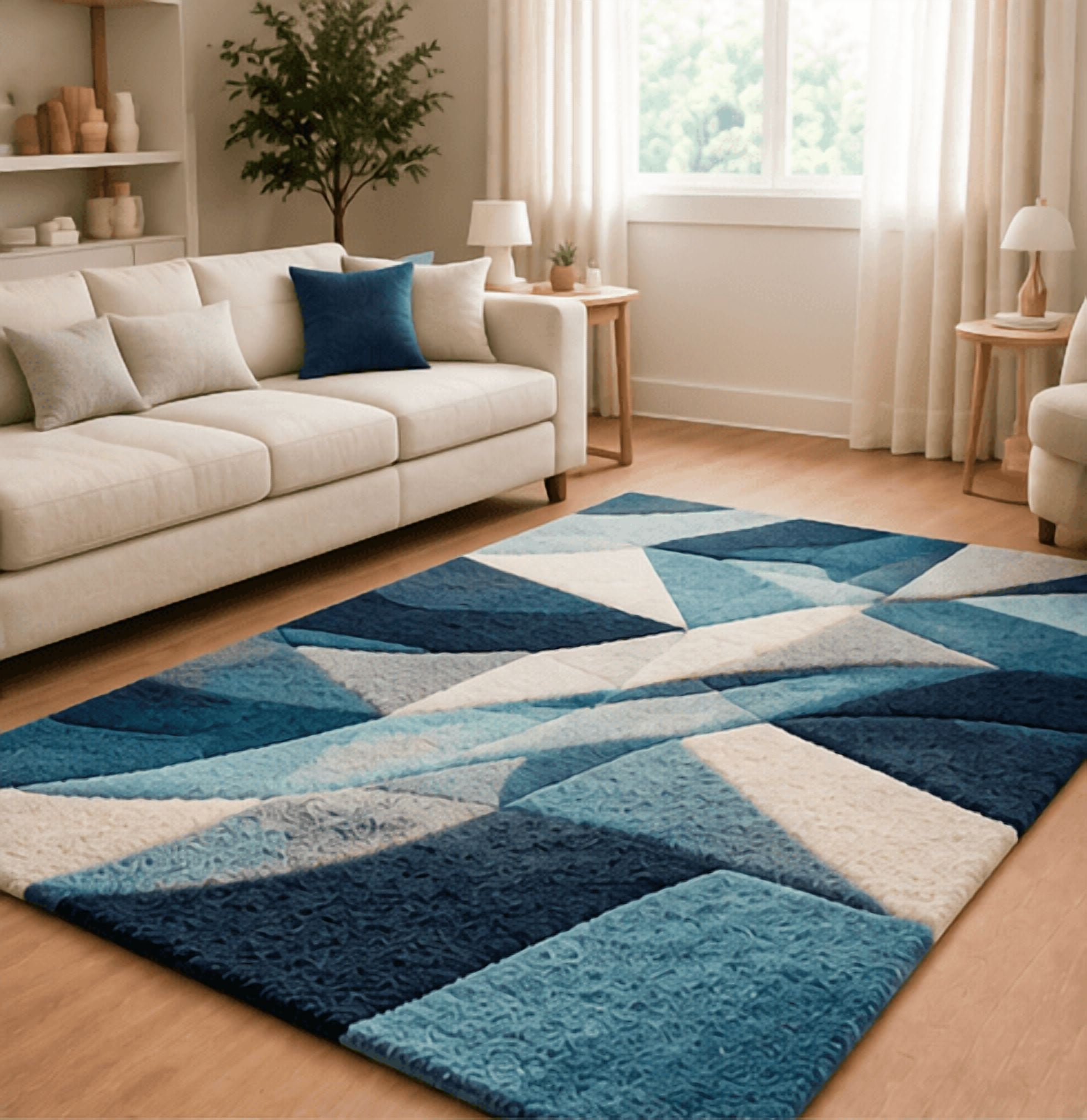 Hand-Tufted 3D Abstract Blue Geometric Area Rug, Modern Carved Ocean ...