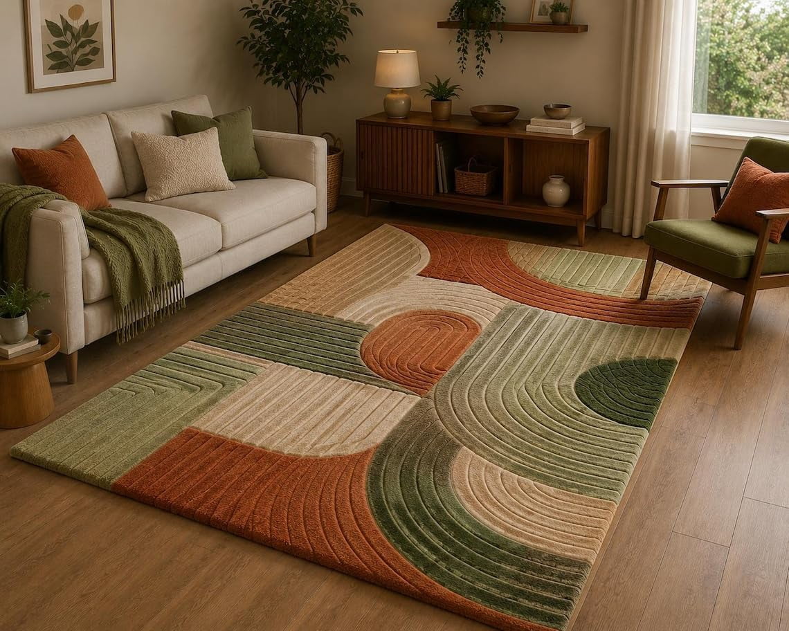 Hand-Tufted Wool Abstract Geometric Arch Pattern Terracotta Green and ...