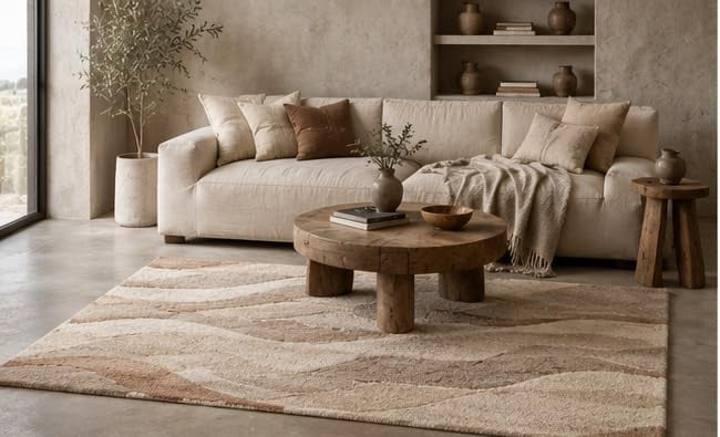 Hand-Tufted Wool Abstract Wavy Line Area Rug with Earthy Brown and ...