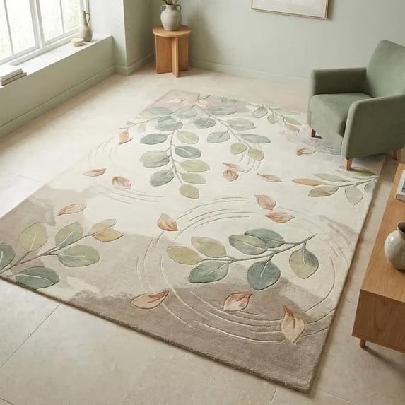 Hand-Tufted Wool Botanical Area Rug, Sage Green and Beige Leaf Pattern ...
