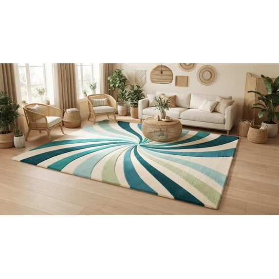Hand-Tufted Wool Rug with Abstract Pinwheel Swirl Ray Pattern in Teal ...