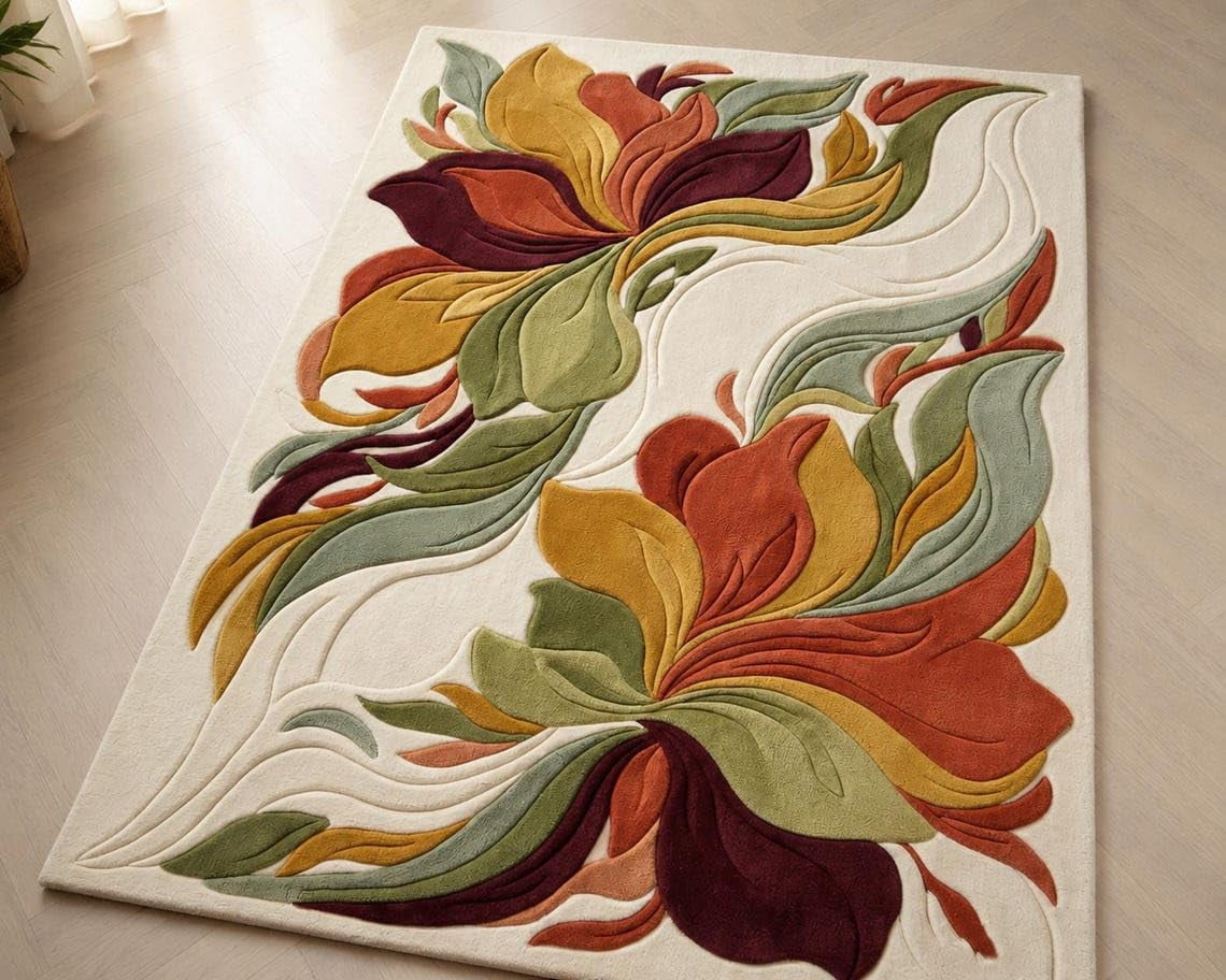 Hand-Tufted Wool Rug with High-Low Carved Floral Leaf Pattern in Cream ...