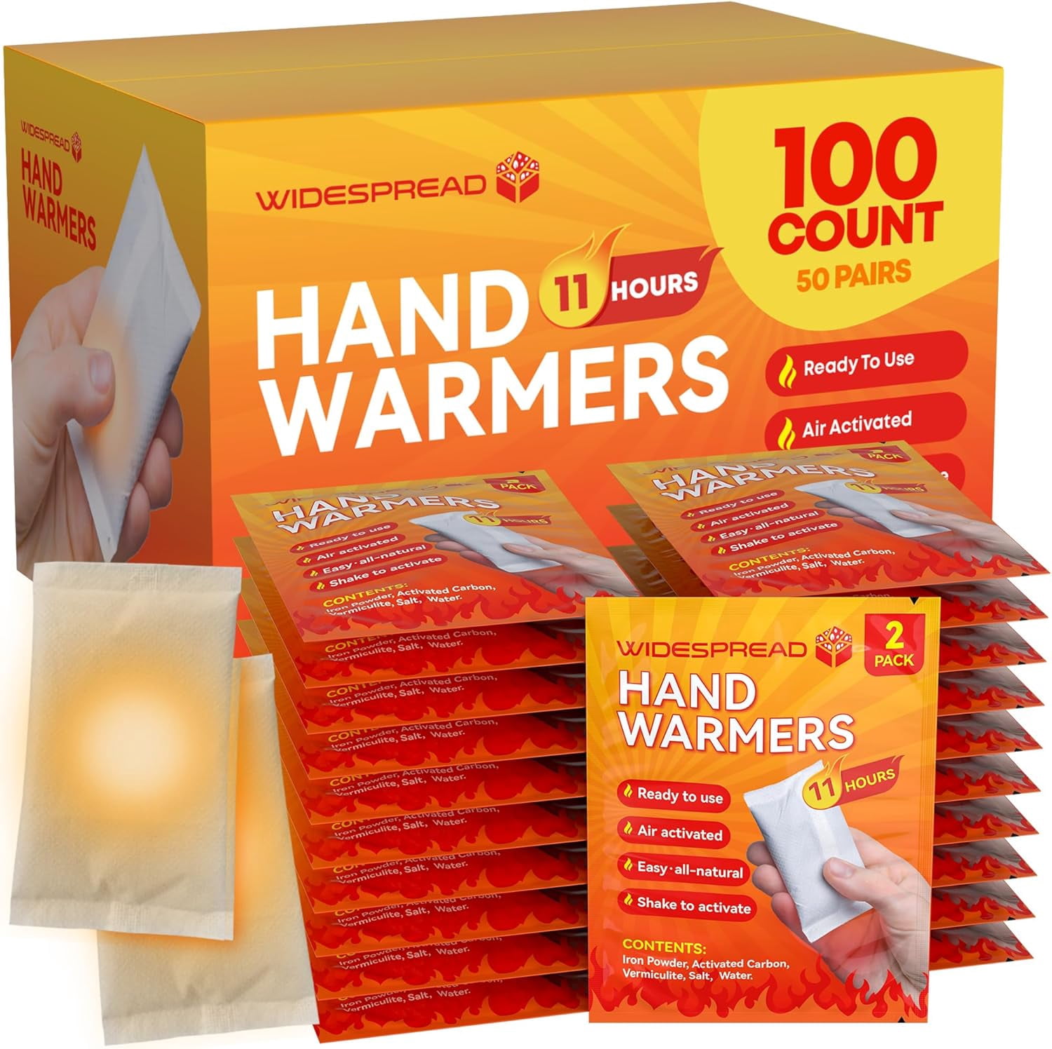 Hand Warmers Disposable 50 Pairs (100 Warmers) 11+ Hour Air-Activated ...