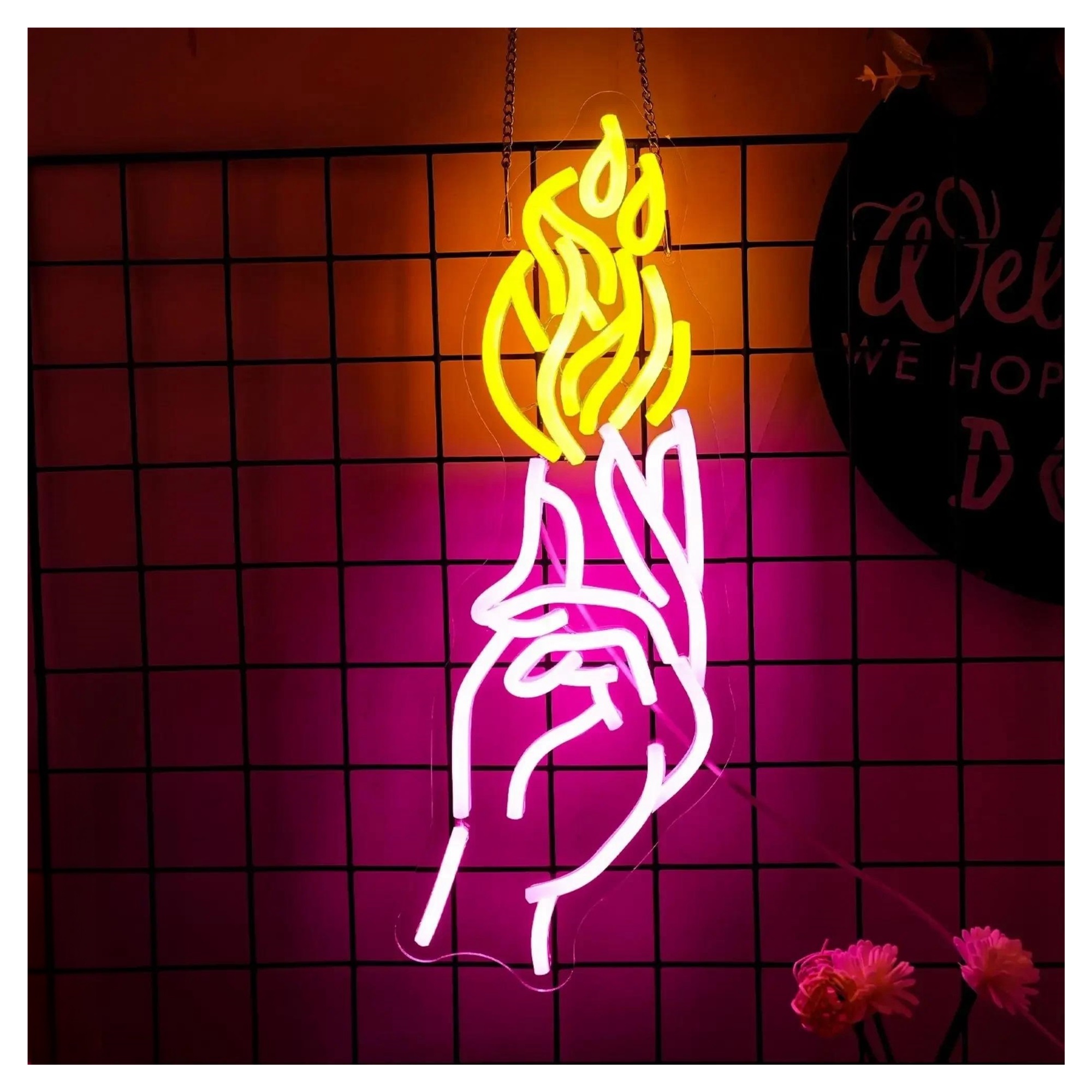 Hand With Fire Neon Sign Dimmable LED Light For Bedroom Game Room Bar ...