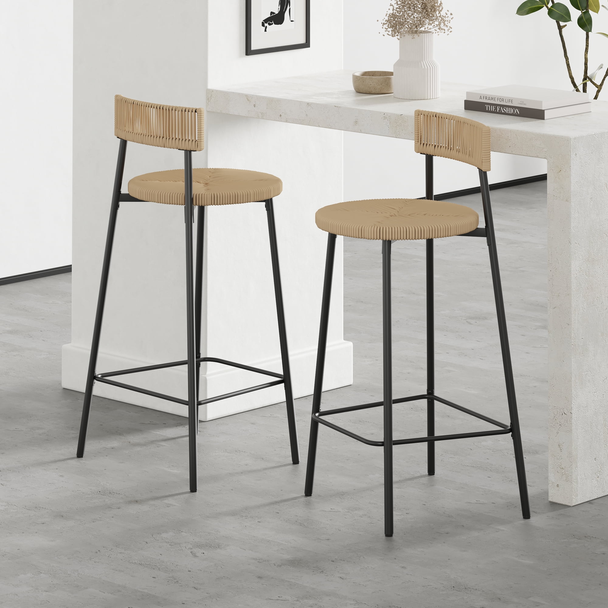 Hand Woven Bar Stools Set of 2 - Paper Rope Counter Height Stools with ...