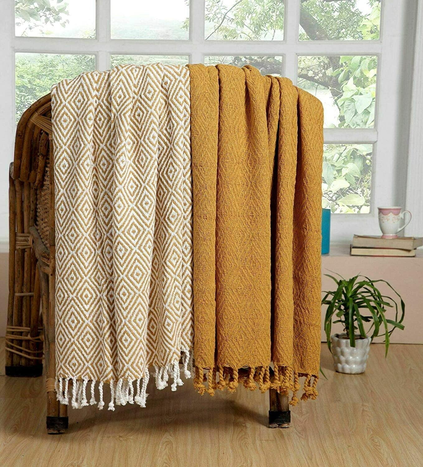 Hand-Woven Cotton Throw Blanket - All-Season Set of 2 (60x50 inches ...