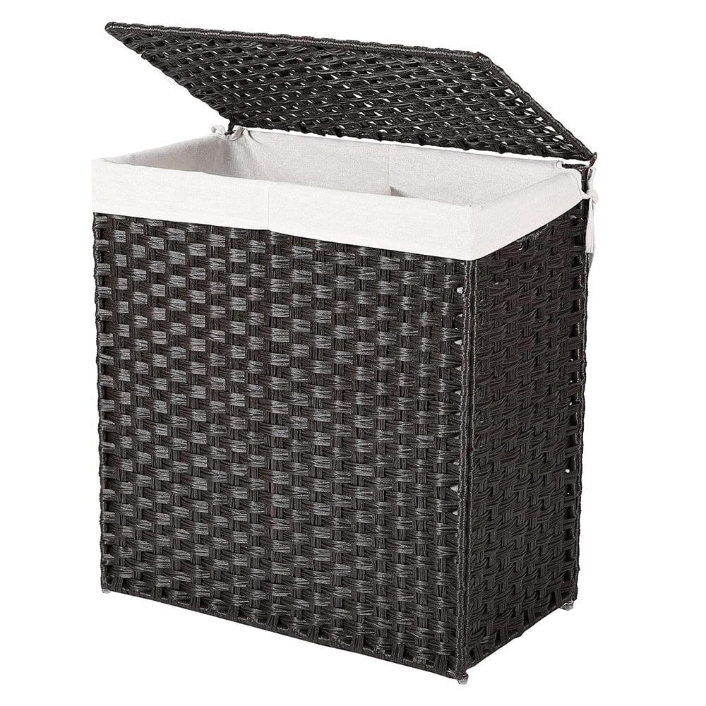 Hand Woven Divided Laundry Hamper with Lid | Double Sorter with Liner ...