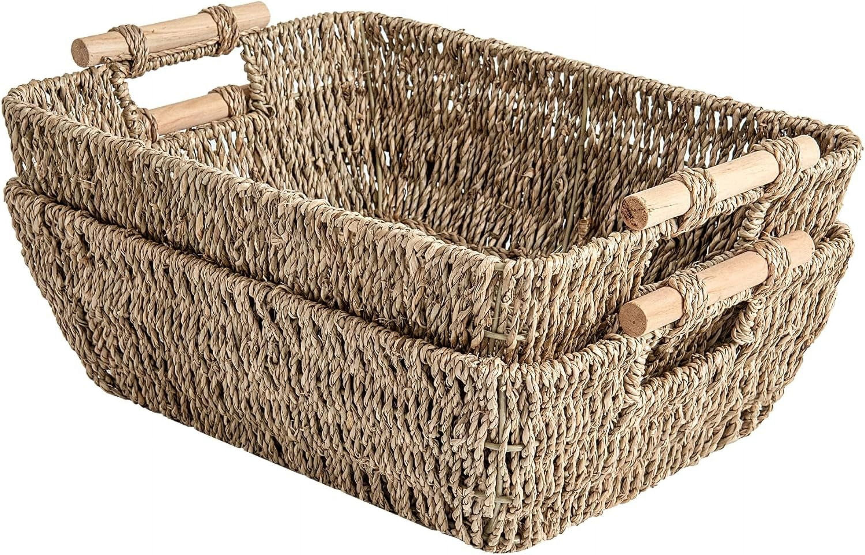 Hand-Woven Large Storage Baskets with Wooden Handles, Water Hyacinth ...