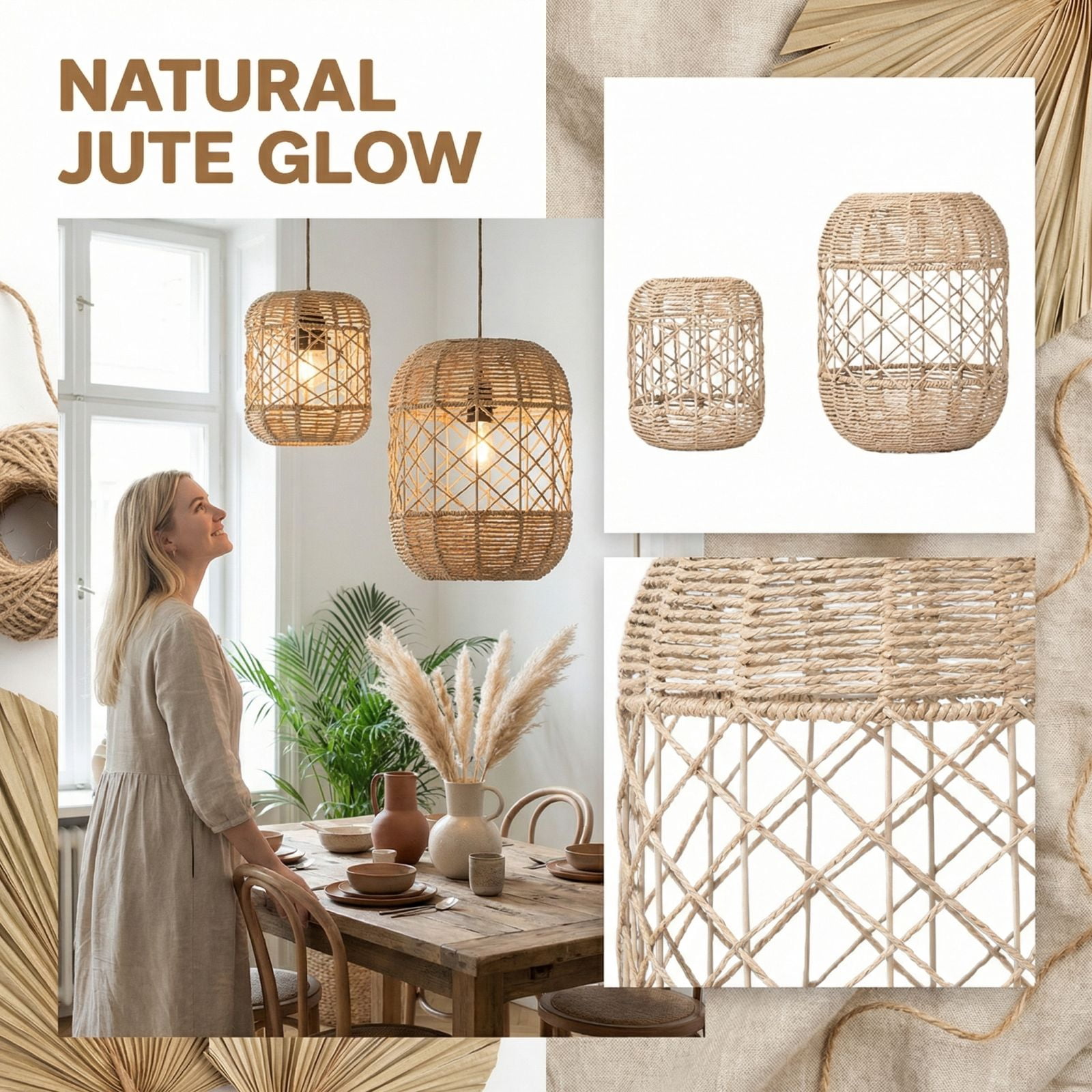 Large Hand-Woven Rattan Pendant Lamp Shade Vintage Boho Hanging Light ...