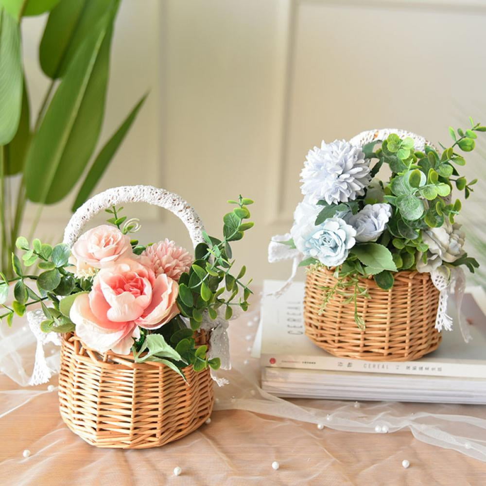 Hand-Woven Rattan Flower Basket-Vintage Storage Basket With Lace Burlap ...