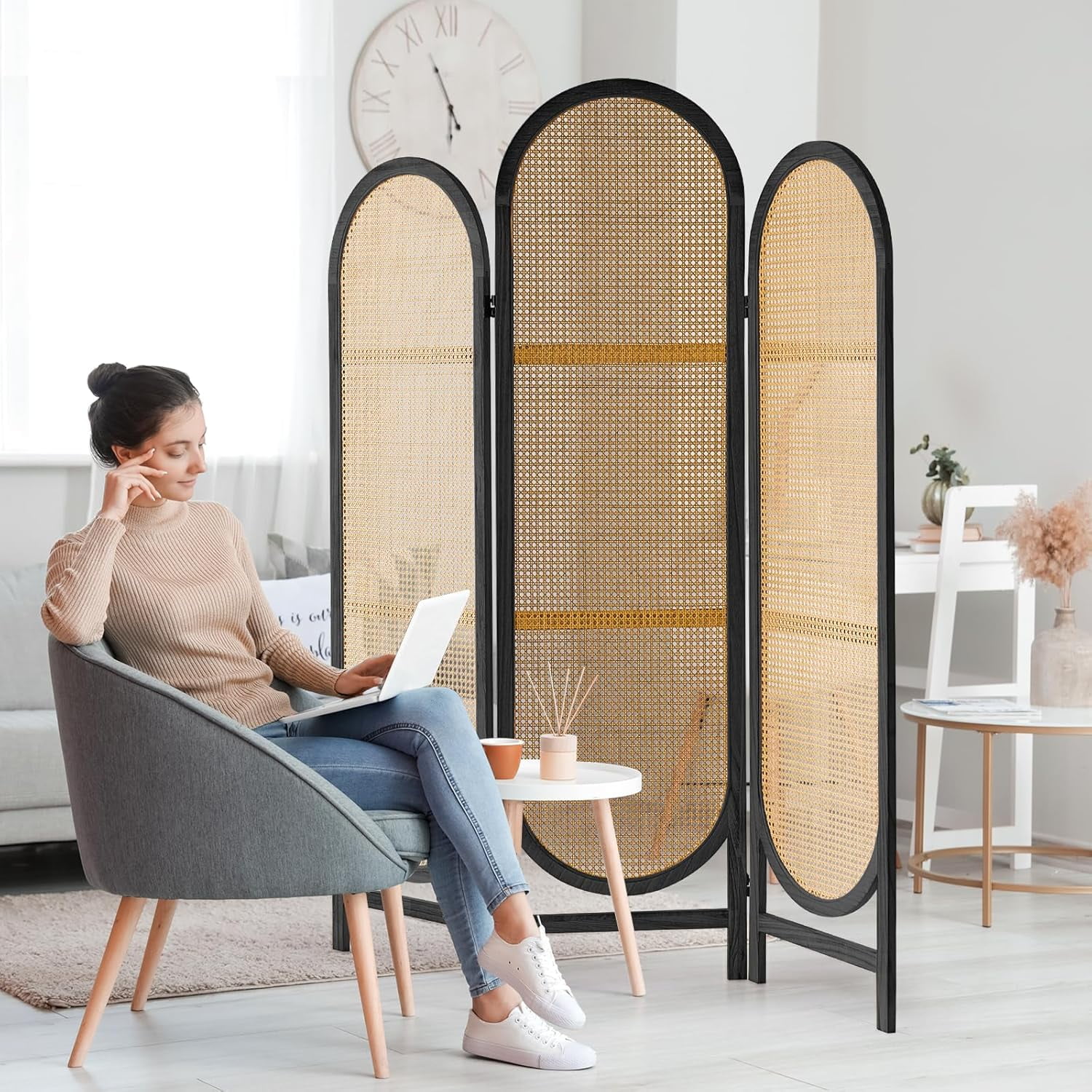 Hand-Woven Rattan Room Divider 3 Panels, 5.9 Ft Tall Wood Room Divider ...