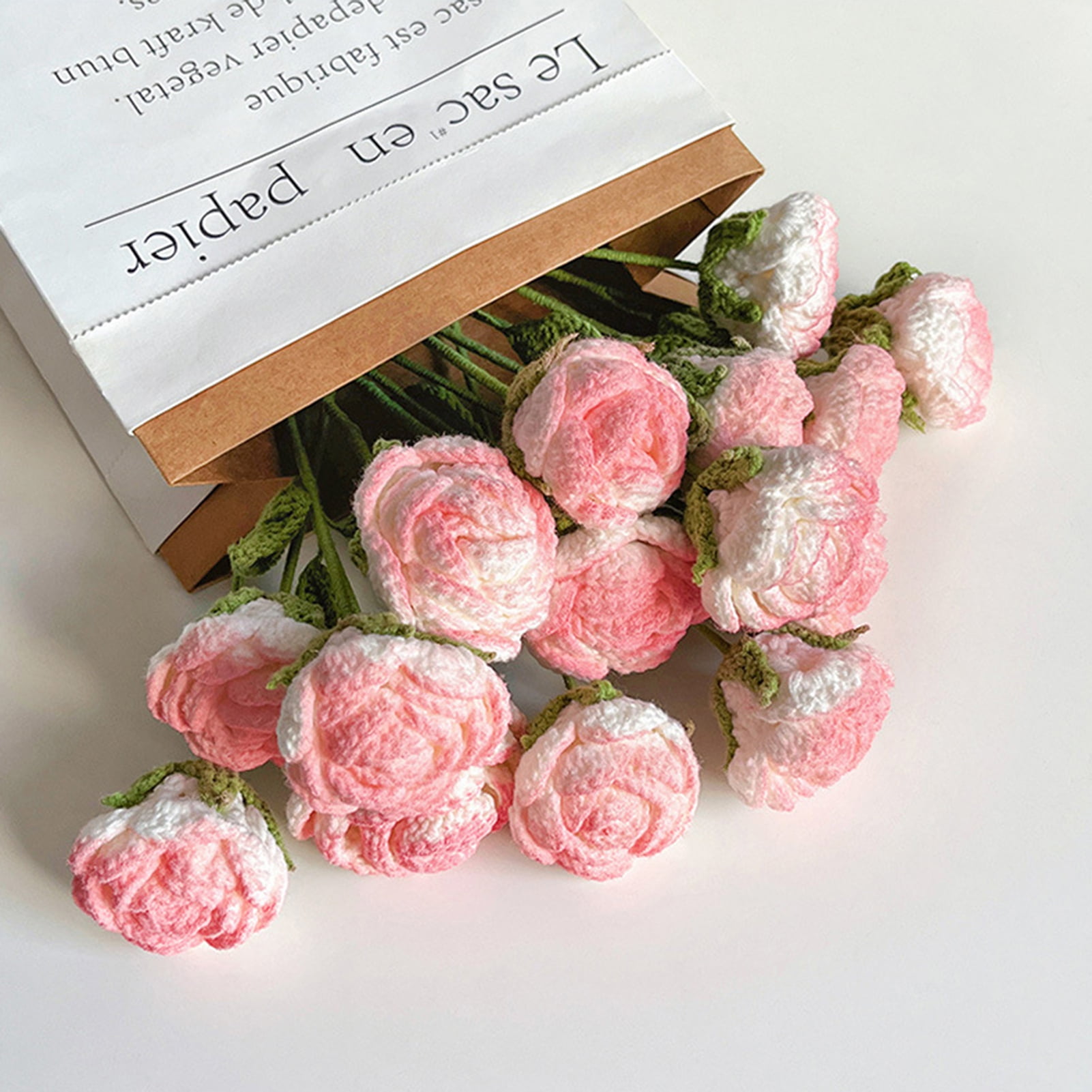 Hand Woven Rose Flower,Realistic Non-Fading Soft Cotton Crochet Rose ...