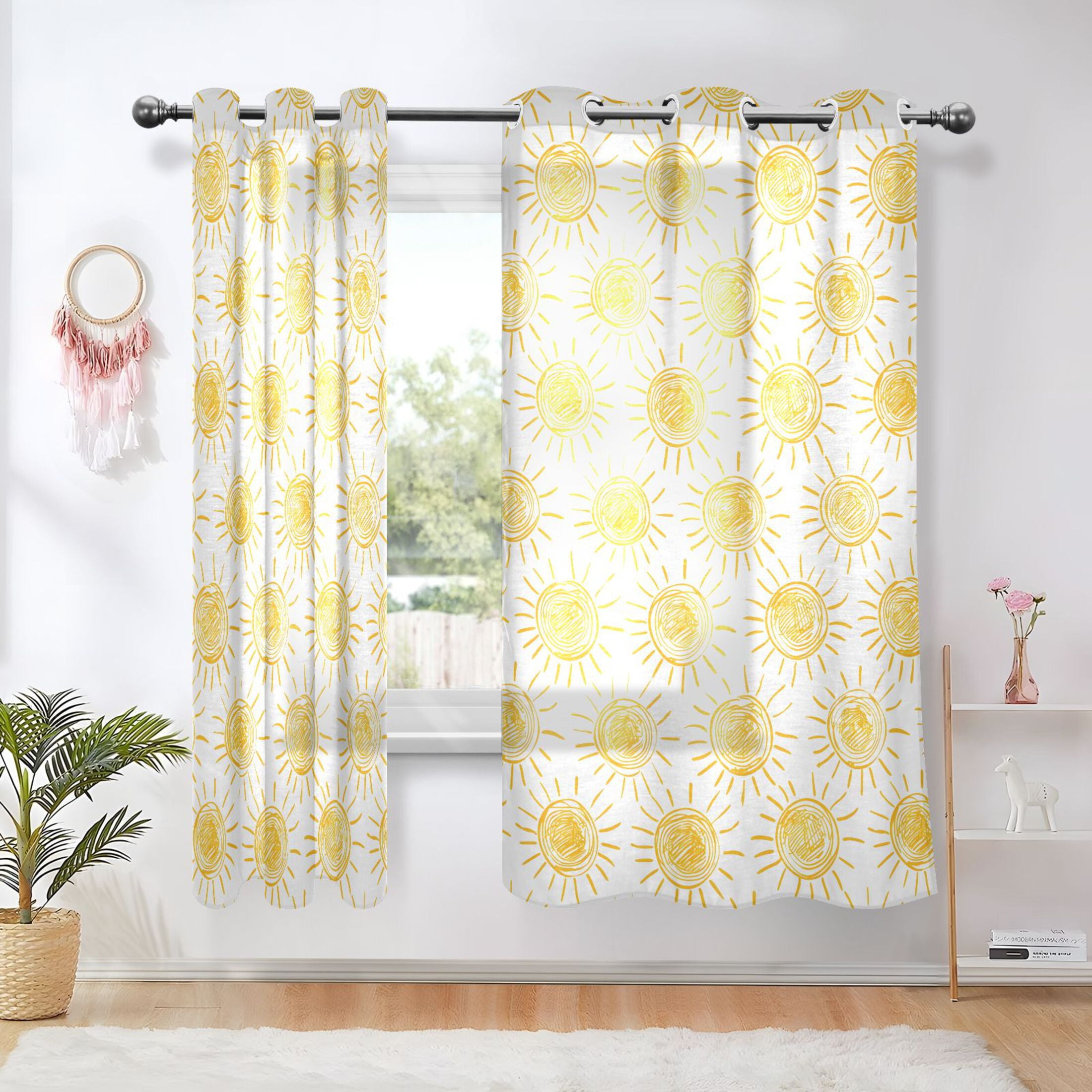 Hand-draw Sun Sheer Curtains 2 Panels Set Grommet Drapes for Bedroom ...