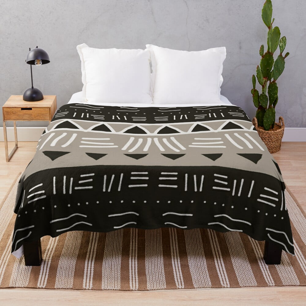 Hand drawn African mud cloth design (black brown) Throw Blanket Shaggy Polar Sofa Quilt Warm ...