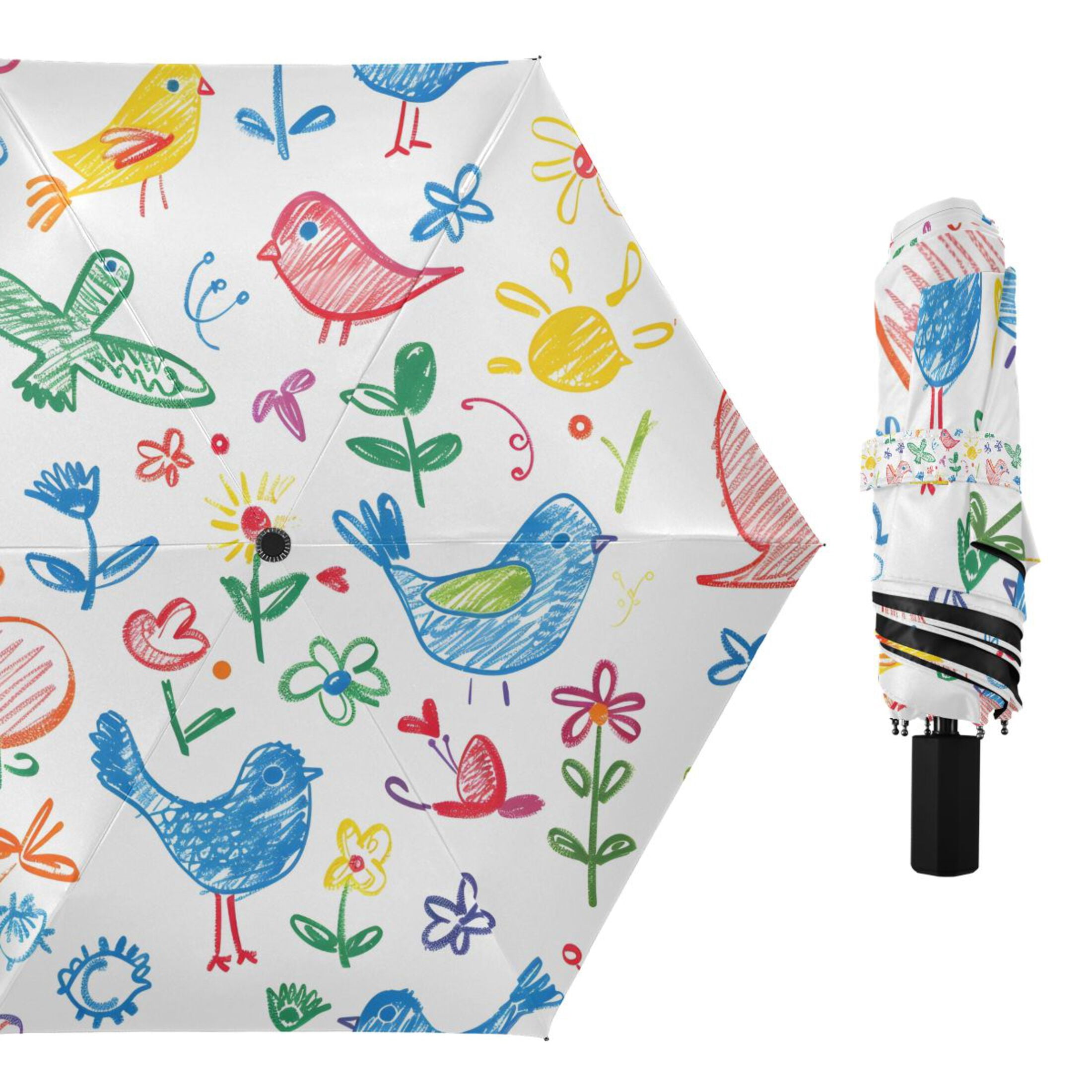 Hand-drawn Chicken Flower Bird Compact Sun Umbrella Windproof Travel ...