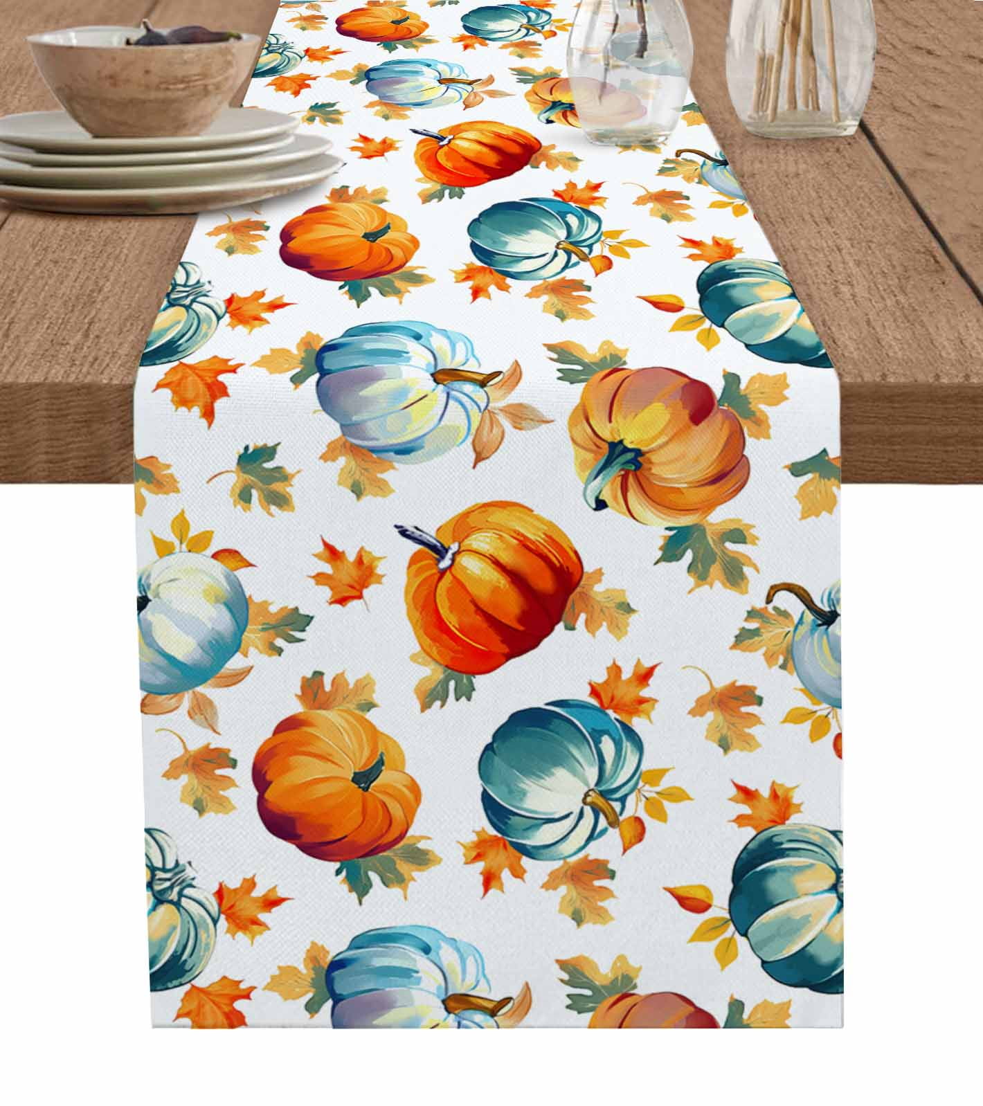 Hand-painted Watercolor On Pumpkin Leaves Grain Table Runner ration ...