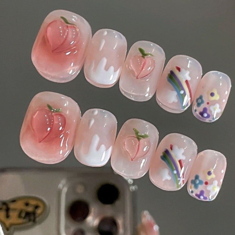 Hand-worn nail art patch patch short rainbow peach nail sticker little ...
