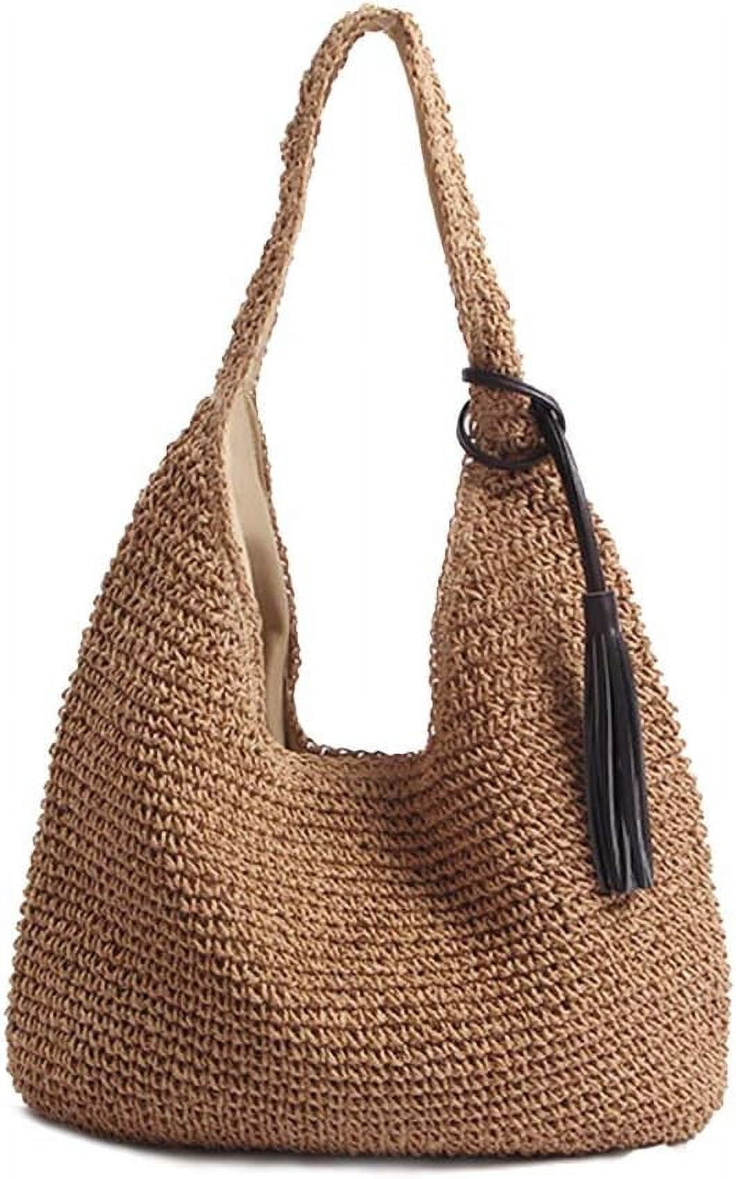 Hand-woven Soft Large Straw Shoulder Bag with Black Tassels Boho Straw ...