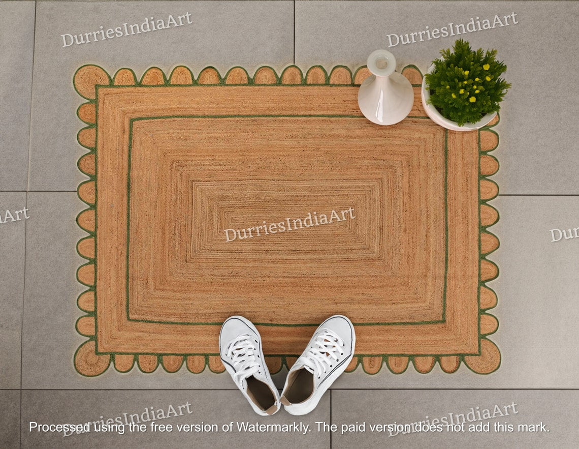 Hand woven scalloped jute Green border with natural jute rugs,Scalloped ...