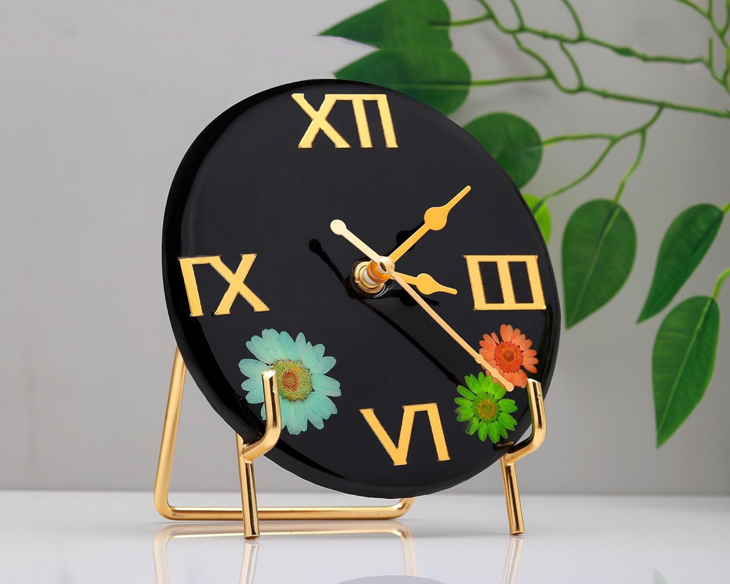 HandArted Resin Table Clock Real Flower Preserved Silent Quartz ...