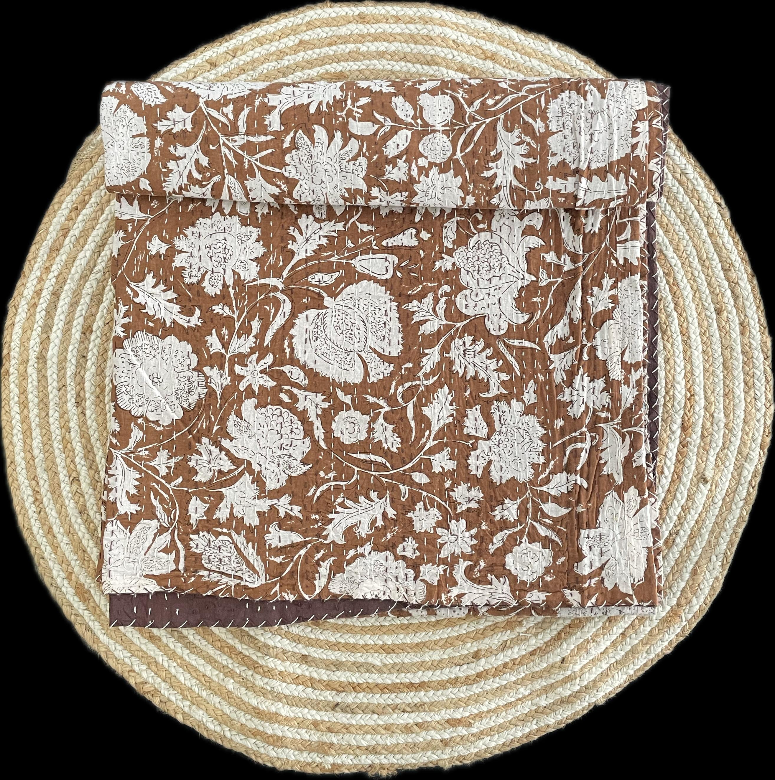Handblock Multi Floral Print Handmade Cotton Kantha Quilting Throw ...