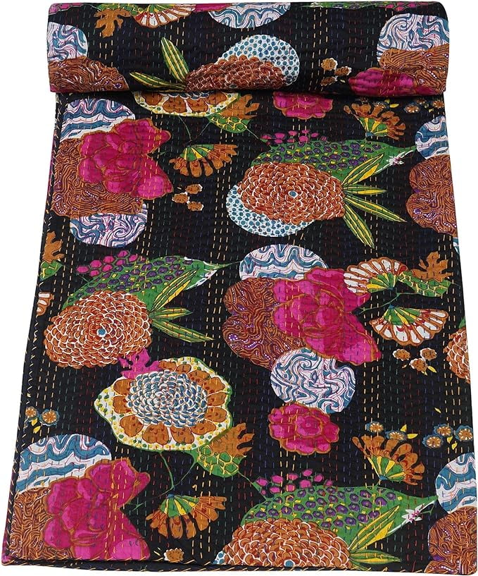Handblock Multi Fruit Print Handmade Cotton Kantha Quilting Throw ...
