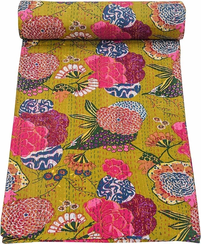 Handblock Multi Fruit Print Handmade Cotton Kantha Quilting Throw ...