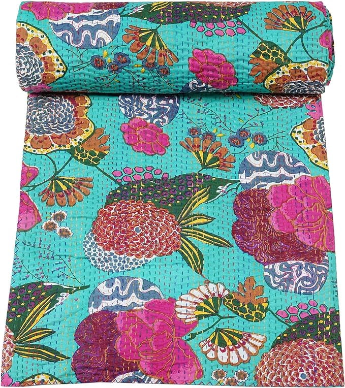Handblock Multi Fruit Print Handmade Cotton Kantha Quilting Throw ...