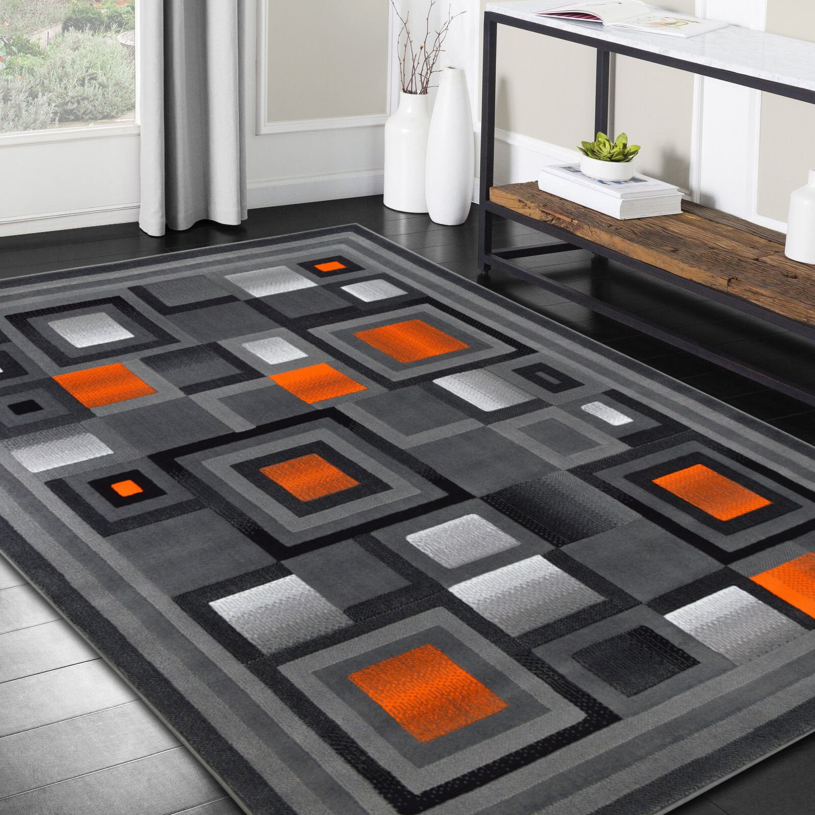 Handcraft Rugs Orange/Black/Gray Abstract Geometric Modern Squares ...