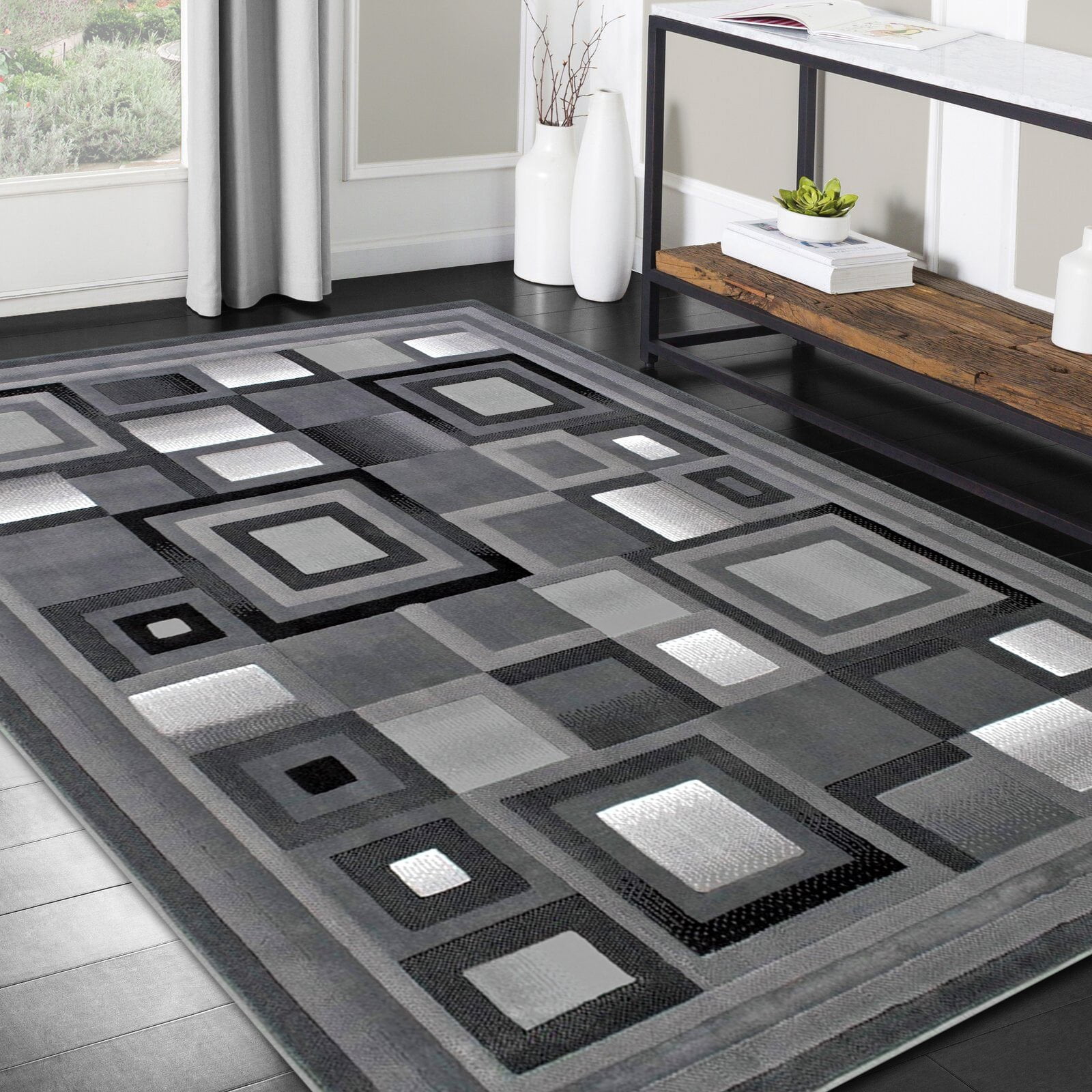 Handcraft Rugs Silver/Black and Gray Abstract Geometric Modern Squares ...