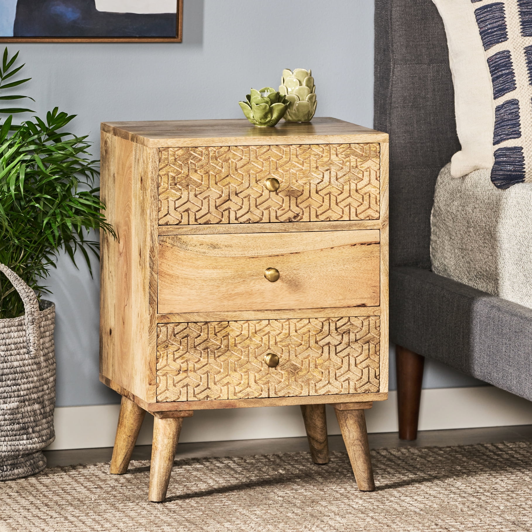 Handcrafted 3 Mango Wood Nightstand With Geometric Fascination Stylish ...