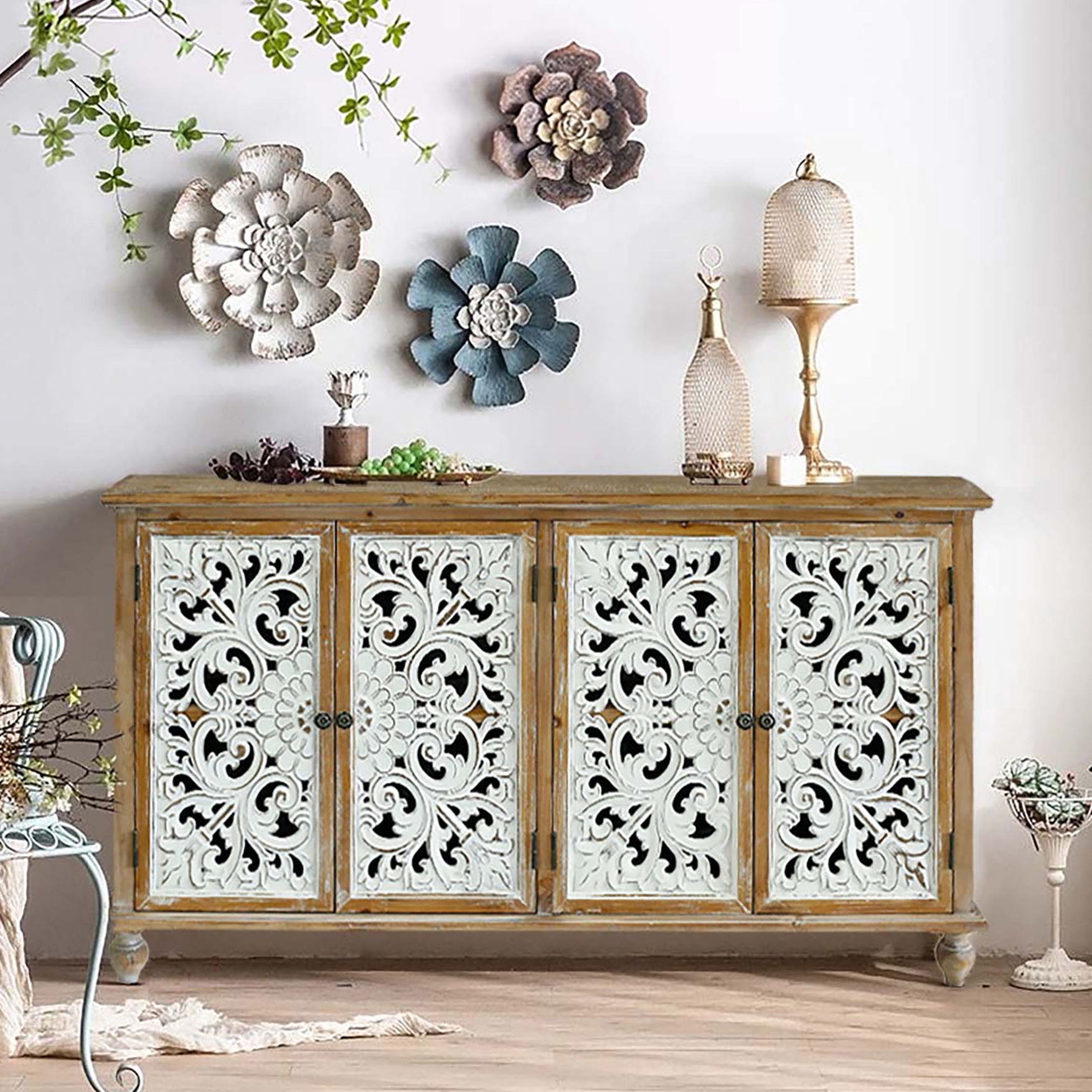 Accent Chest with 4 Doors, American Design, Hand Painted, Open Storage ...