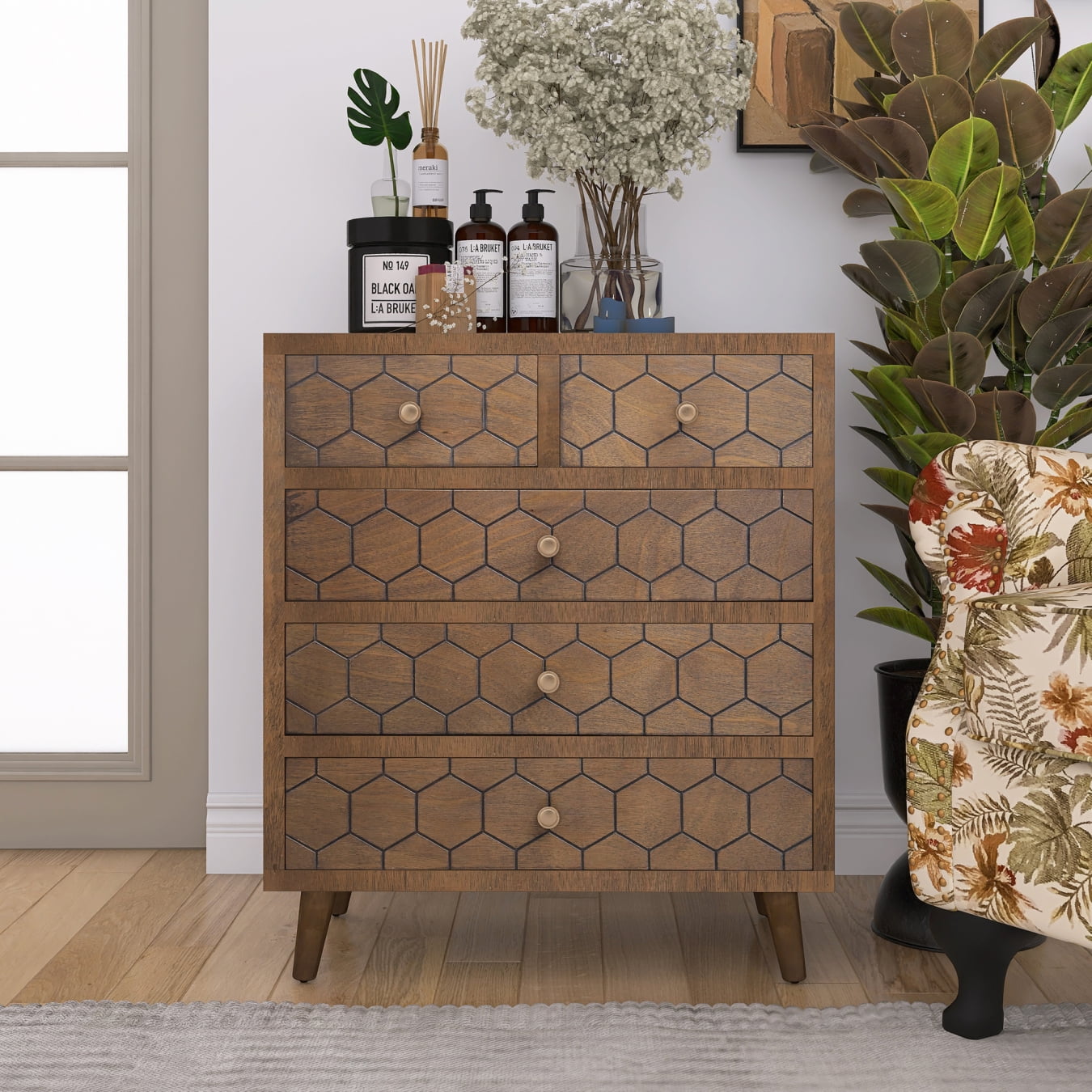 Handcrafted Accent Cabinet with Abstract Carvings,Dresser with 5 ...