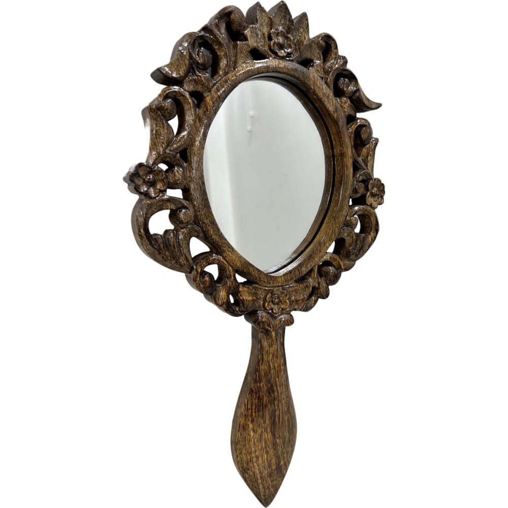 Handcrafted Antique Wooden Hand Held Mirror with Handle Small Oval ...