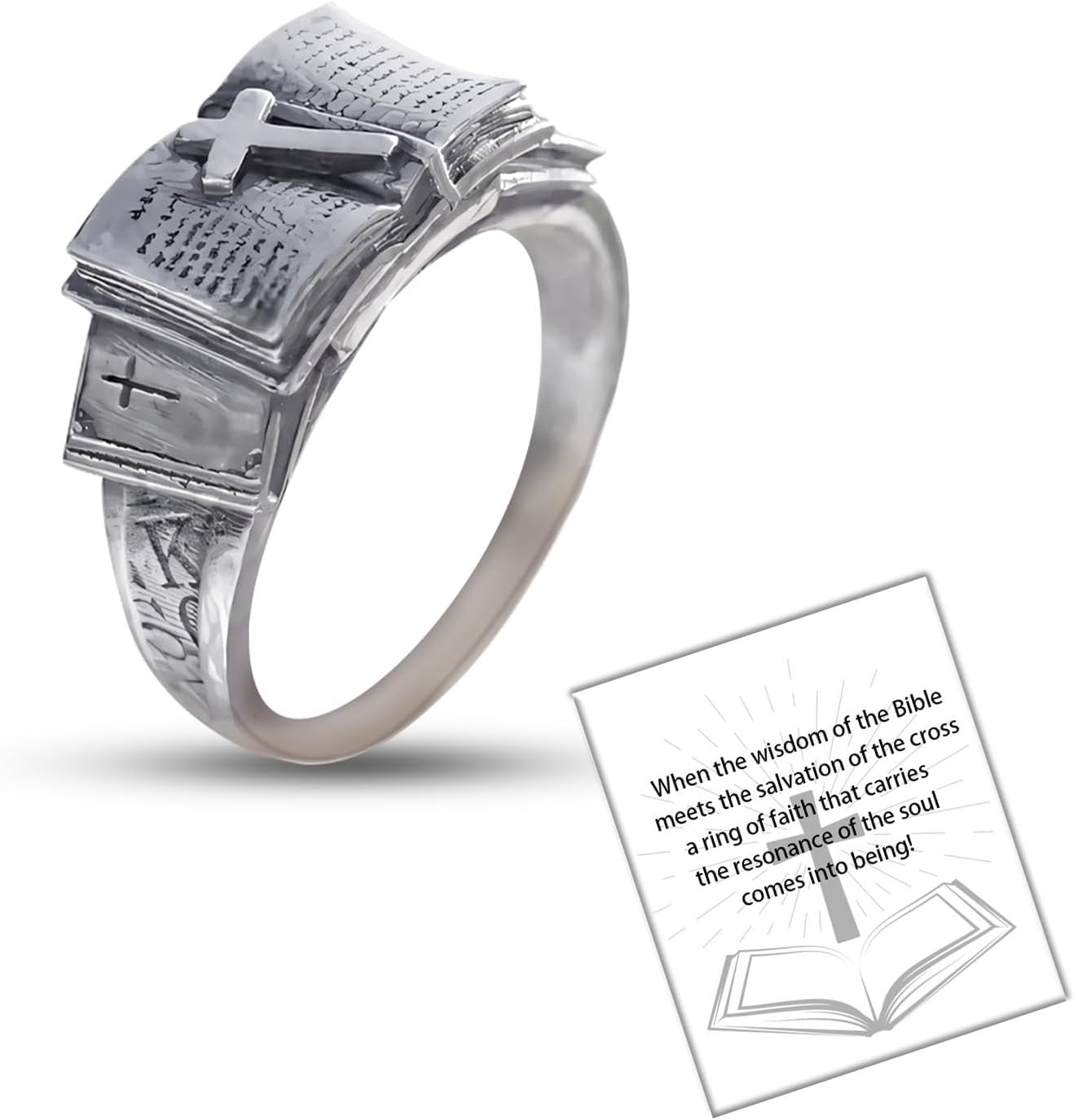 Handcrafted Bible Ring with Cross – A Sacred Companion, Silver Rhodium ...